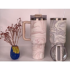 40 oz Tumbler with Handle and Straw Travel Mug Straw Covers Cup Stainless Steel Vacuum Insulated Tumbler for Water, Iced Tea or Coffee, Smoothie (PINK)