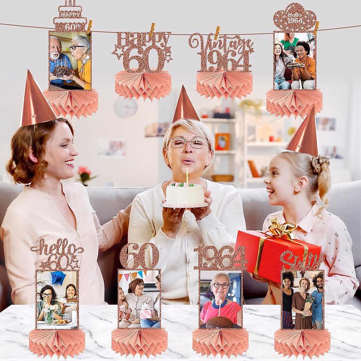 Guiruiy 8Pcs Happy 60th Birthday Decorations Honeycomb Centerpieces for Women, Pink Rose Gold Glitter Hello 60 Birthday Photo Table Centerpieces Party Supplies, Pink Sixty Bday Photo Table Topper