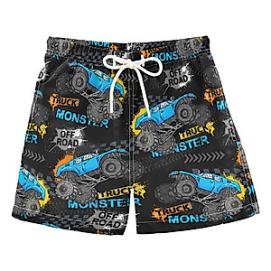 JHKKU Boys Swim Trunks Monster Truck Bathing Suits Swim Board Shorts Swimsuit with Mesh Lining 6 Years