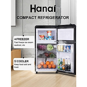 WANAI Compact Refrigerator 3.5 Cu.Ft Retro Black Fridge With Freezer 2 Door Mini Refrigerator with 7 TEMP Modes, LED Lights, Removable Shelves, Ideal for Apartment Dorm and Office, Black