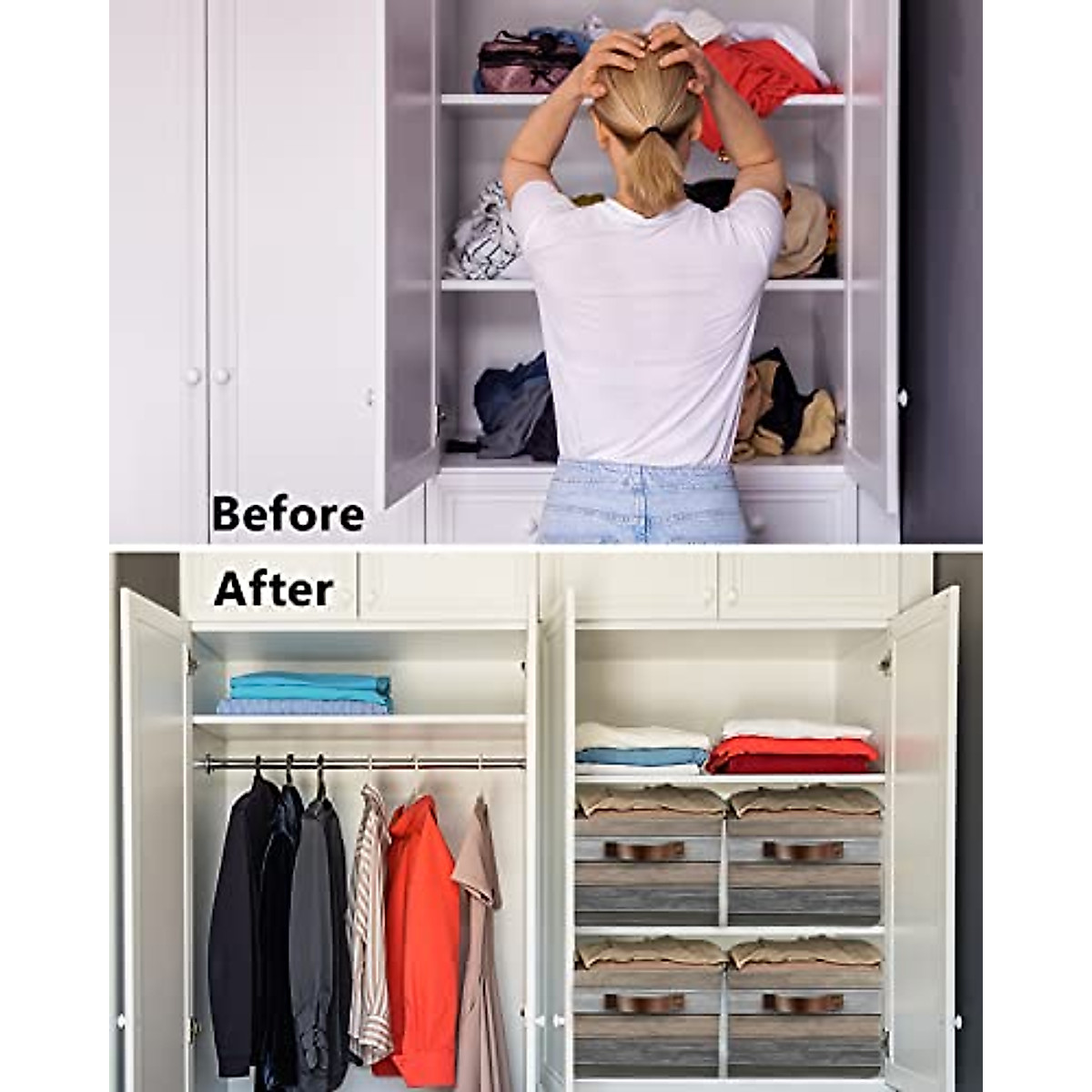 Beige Grey Ombre Storage Bins 2 Pack, Large Waterproof Storage Baskets for Shelves Closet, Brown Farmhouse Retro Wooden Striped Storage Basket Foldable Storage Box Cube Storage Organizer with Handles