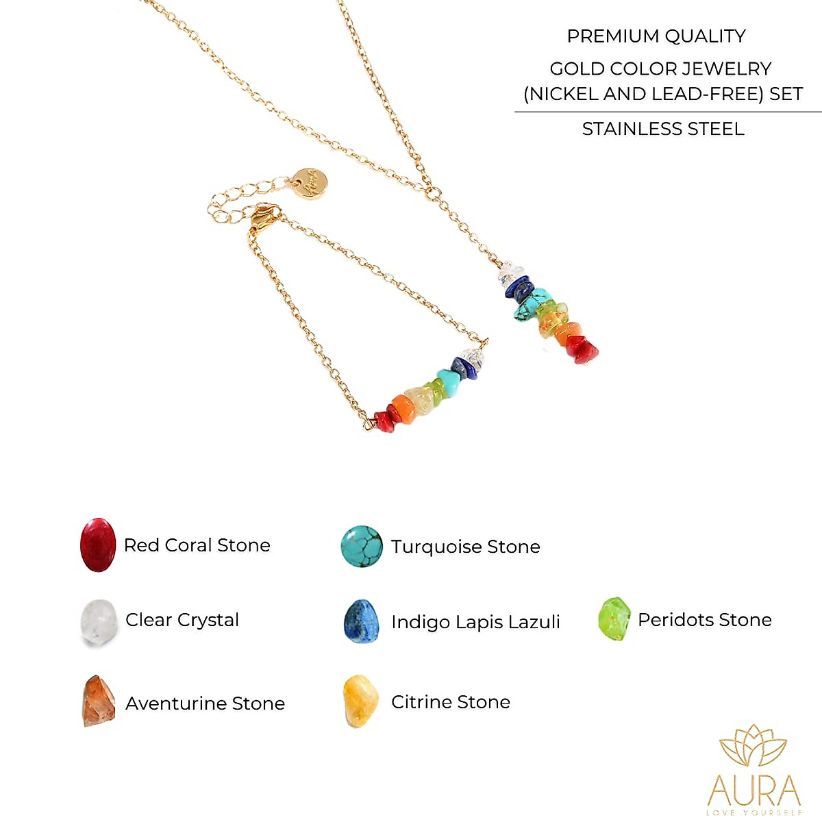 AURA 7 Chakra Bracelet and 7 Chakra Necklace Set - Adjustable Crystals and Healing Stones Bracelets and Necklaces - Natural Spiritual Jewelry for Women, Yoga Meditation Beads, Balancing Energy, Gifts