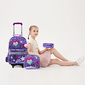 Meetbelify Girls Unicorn Rolling Backpack Wheels Backpacks Kids Luggage for Elementary Preschool Students Cute Suitcase Trolley Trip Wheeled Backpack with Lunch Box for Girls