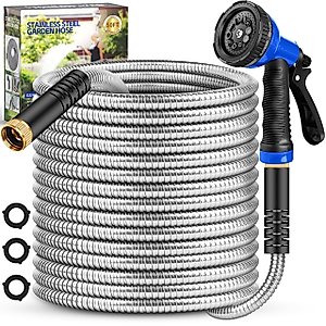 BAZOLOTA Garden Hose 50ft, Metal Stainless Steel Water Hose with Nozzle, Lightweight, Flexible and Sturdy, Anti-Wear and Puncture-Proof, No Kink, Suitable for Yards and Outdoor