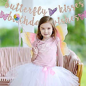 Butterfly Kisses Birthday Wishes Banner, Butterfly First Birthday Party Banner, Butterfly Birthday Party Decorations (Rose Gold)