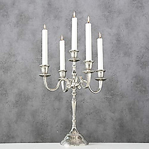 Hamptons Five Candle Candelabra, Silver Finish, Centerpiece, Hand Crafted of Cast Aluminum, Atelier Craft Surface Details, Over 1 FT High, (15.75 Inches)