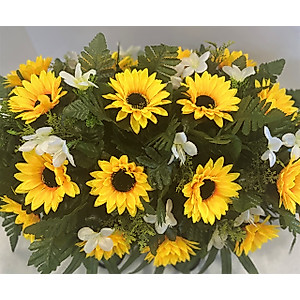 Cemetery Headstone Saddle Arrangement with Yellow Sunflowers and White Daisies-Grave Decoration
