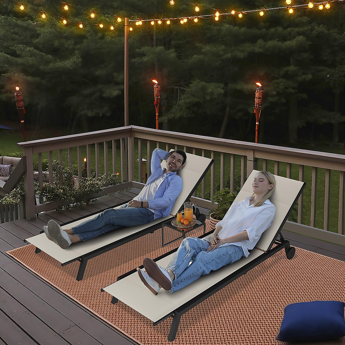 YITAHOME Outdoor Chaise Lounge Chairs Set with Side Table, Padded Fabric Poolside Loungers with Aluminum Frame, Adjustable Backrest, Wheels for Pool Beach Patio Lawn Porch (Beige)