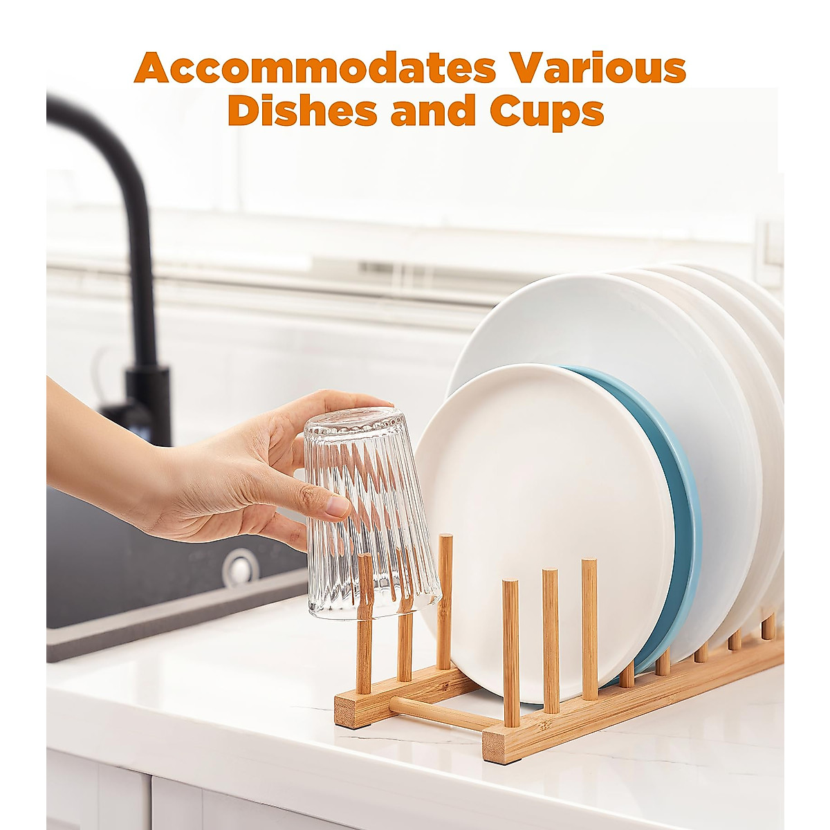 RISHTEN Bamboo Dish Drying Rack, 2 Pack Wooden Storage Holder Organizer for Plate/Bowl/Cup/Book/Pot/Lid/Cutting Board Drying Rack Stand Holder