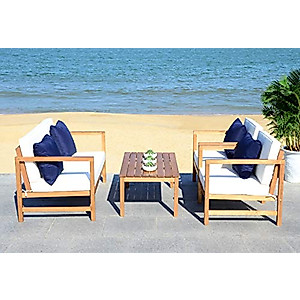 SAFAVIEH Outdoor Collection Montez Natural/ Beige Cushions/ Navy Pillows 4-Piece Conversation Patio Set