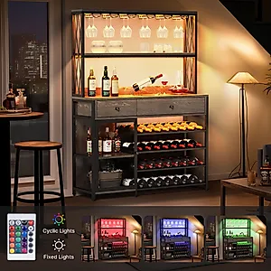 DWVO 47" Large Wine Rack Cabinet for Liquor & Glasses, Coffee Bar with LED Lights Door Shelves & Drawers, Modern Standing Bakers Rack Microwave Stand Kitchen Storage Shelf, Grey & Black