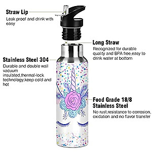 Star Flowers Unicorn Water Bottle with Straw Lid Double Wall Thermos Bottle Vacuum Insulated Flask Stainless Steel Water Bottle for Gym Outdoor 20 OZ