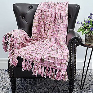 Home Soft Things Multi-Color Chenille Couch Throw Blanket, Light Pink, 50" x 60'' Soft Warm Cozy Tartan Blanket with Tassels Throw Blanket for Living Room Bed Sofa Chair Décor