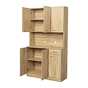 71" Kitchen Pantry Cabinet, Freestanding Floor Cabinet with 6-Doors & Microwave Stand, Sideboard Buffet Cabinet Hutch Cupboard, Tall Storage Cabinet for Kitchen, Dinning Room, Living Room (Oak)