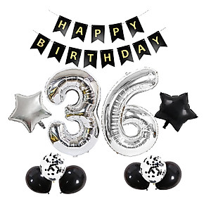 QWEQWE 36th Birthday Decoration Balloons, Birthday Decoration 36 Year Men Boy Silver Black, 36th Birthday Decoration Balloon 36th Birthday Party Decoration, 36th Birthday Happy Birthday Banner