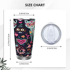 AYCZN Sugar Skull Cat 20 OZ Tumbler Stainless Steel Travel Coffee Mug, Mandala Flower Insulated Water Bottle with Lid Leakproof Thermal Cup