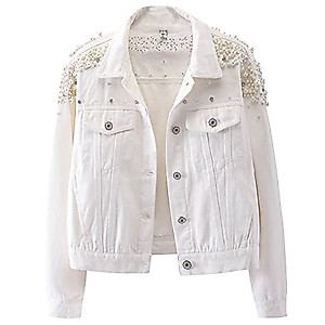 Kedera Women's Embroidered Rivet Pearl Short Denim Jacket Coat (White, Medium)