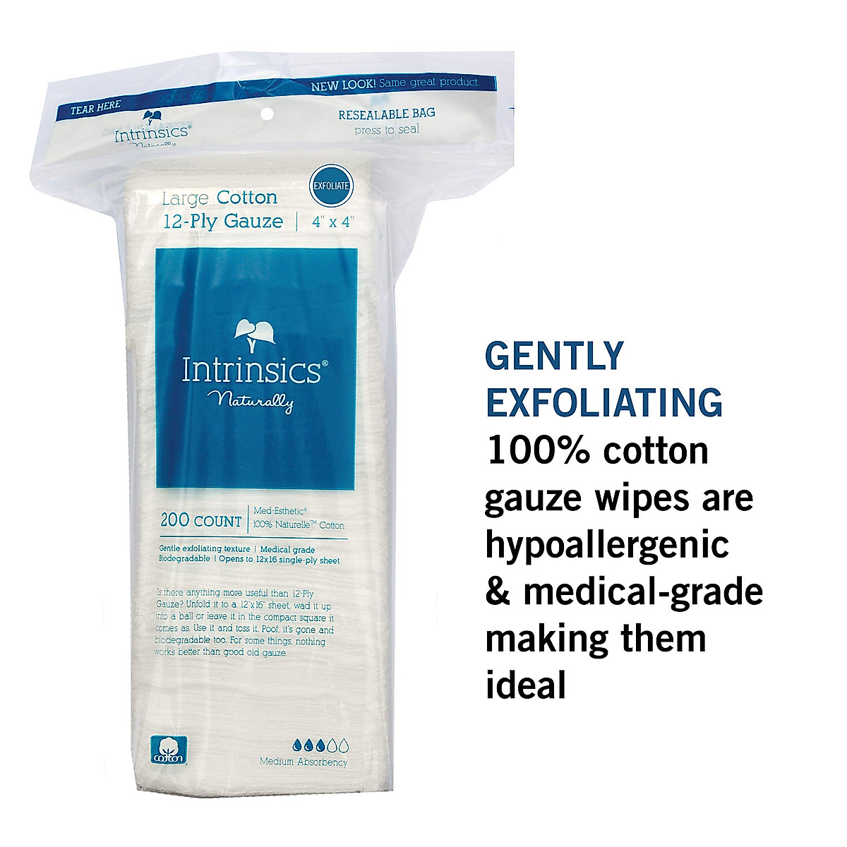 INTRINSICS 401423 Med-Esthetic 100% Cotton Large 12-Ply Gauze 4"x 4" - 200 Count