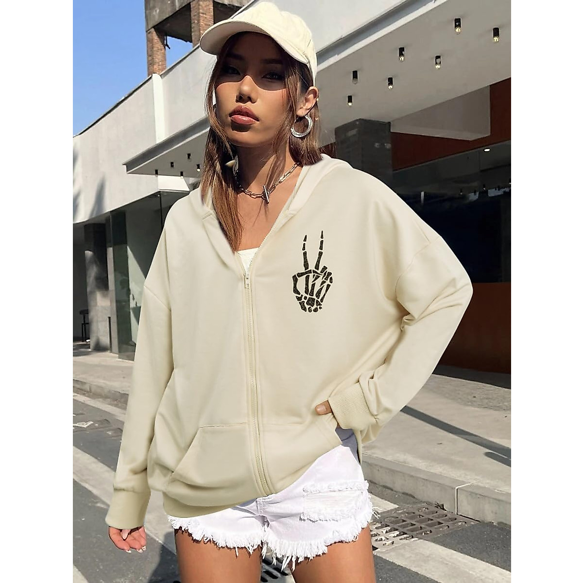 LOTUCY Have The Day You Deserve Zip Up Hoodies Women Oversized Skeleton Peace Sweatshirt Vintage Y2K Jacket Apricot
