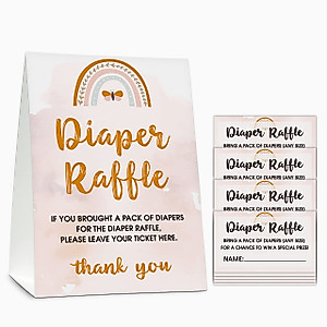 Gihyan Diaper Raffle Baby Shower Game Set(1 Standing Sign + 50 Guessing Cards), Boho Rainbow Diaper Raffle Tickets for Baby Shower, Watercolor Pink Baby Shower Party Favor Decor - A26