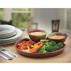 American Made Stoneware Pottery Chip and Dip Tray in Red Delicious (11.5" Double Dip)