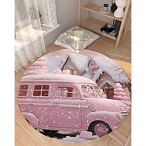 Christmas Fluffy Round Area Rug Carpets 3ft, Plush Shaggy Carpet Soft Circular Rugs, Non-Slip Fuzzy Accent Floor Mat for Living Room Bedroom Nursery Home Decor Blush Pink Farmhouse Winter Truck