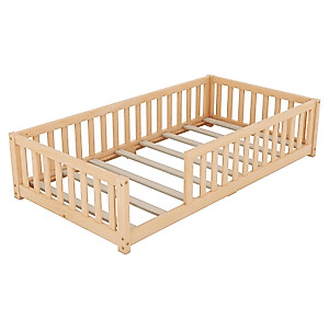 Harper & Bright Designs Twin Size Floor Bed Frame, Wooden Twin Montessori Floor Bed with Rails, Door and Support Slats, Kids Twin Size Bed Frame for Boys & Girls, Natural