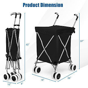 GOFLAME Folding Shopping Cart, Large Grocery Cart with Wheels and Removable Fabric Cover, Lightweight and Sturdy Rolling Utility Cart for Groceries Laundry Shopping Picnic (Black)