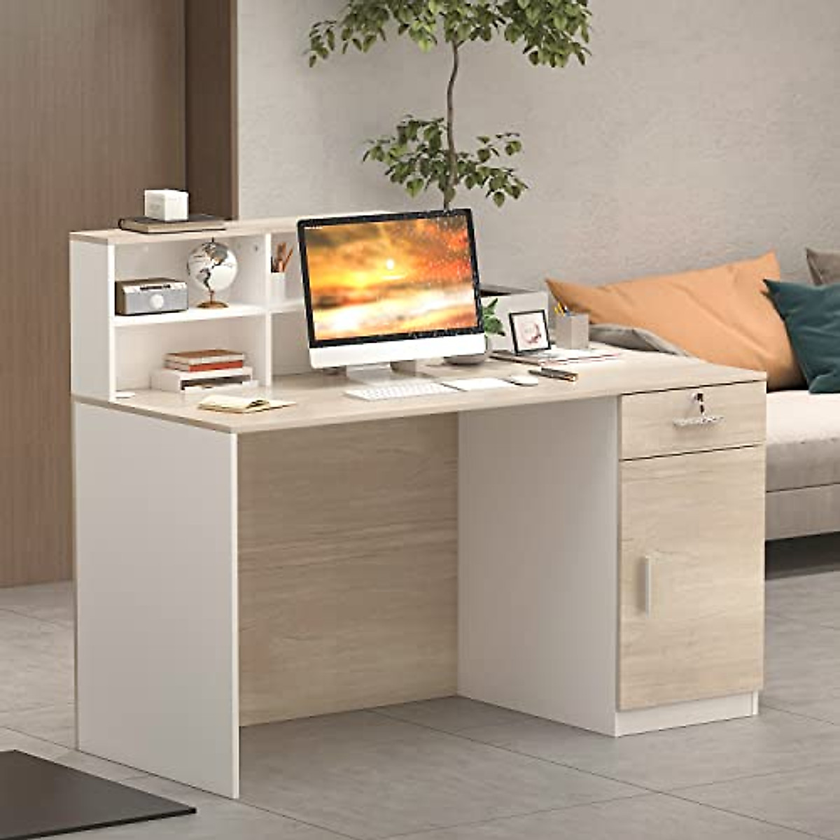 AIEGLE Reception Desk with Counter & Lockable Srotage Drawers, for Salon Reception Room Checkout Office, Natrual (55.1" L x 23.6" W x 43.3" H)