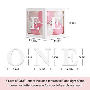 Baby Girl First Birthday Party Decorations 'ONE' Letters Individual Three White Transparent Square Boxes with 24 Balloons Decor for 1 Year Old Baby Birthday Party Decor Backdrop Favors