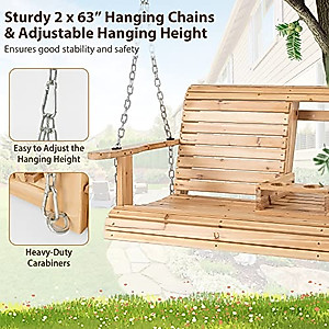 Tangkula 2 Person Hanging Porch Swing, Outdoor Bench Swing with Adjustable Chains, Foldable Cup Holders, High Back, Cozy Armrests, Wooden Hanging Swing Chair for Backyard Deck Garden Natural