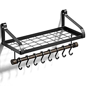 Love-KANKEI Pot Rack Wall Mounted Pan Pot Organizer Wall Shelf with Towel Bar and 8 Hooks for Kitchen Cookware Utensils Organization Black