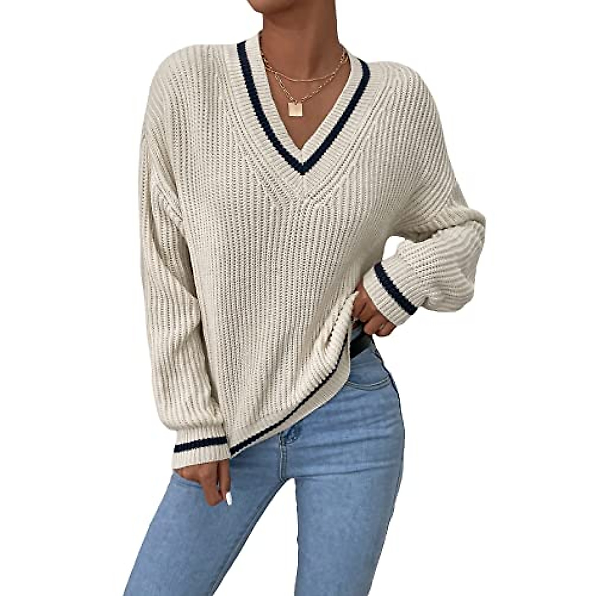 SHENHE Women's V Neck Ribbed Knit Long Sleeve Drop Shoulder Pullover Sweater Tops Beige M