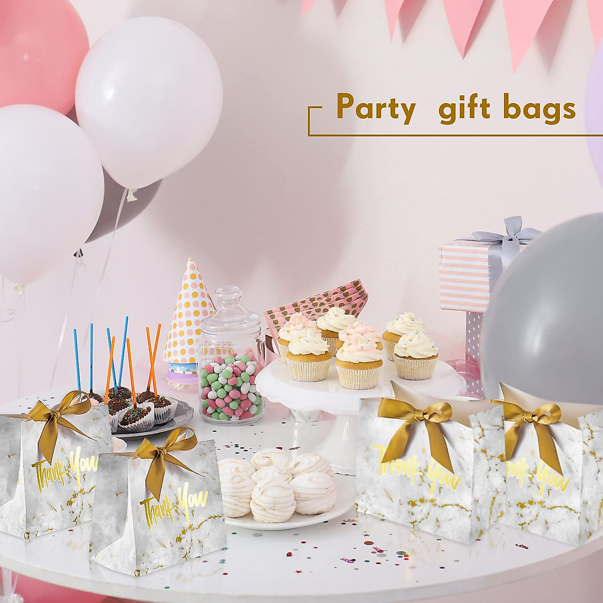 Leinuosen 12 Pcs Small Thank You Gift Bag, Party Favor Bags, Bridal Shower Gift Bags for Guests, Gift Wrap Bags Wedding Baby Shower Birthday Party Supplies(Marble, Gold,7 x 6.3 x 3.9 Inch)