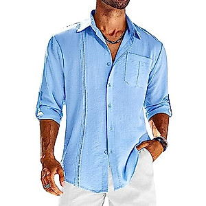 COOFANDY Mens Shirts Long Sleeve Cuban Camp Guayabera Shirt Linen Beach Button Down Shirts Light Blue
