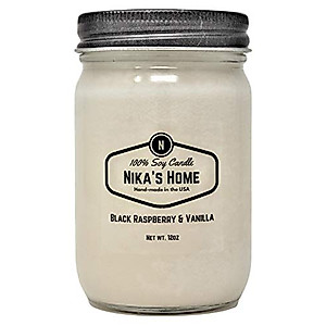 Nika's Home Black Raspberry & Vanilla Soy Candle 12oz Mason Jar Non-Toxic White Soy Candle-Hand Poured Handmade, Long Burning 50-60 Hours Highly Scented All Natural, Clean Burning Gift Décor