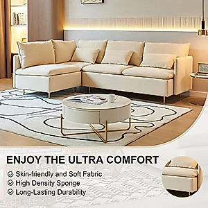 GreatHome L-Shaped Modular Sectional Couch, 4-Seater Corner Sectional Sofa, Modern Beige Fabric L Sofa with 3 Pillows Included and Gold Metal Legs, for Small Space
