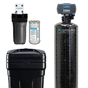 Aquasure Harmony Series 64,000 Grains Whole House Water Softener Bundle with Automatic Digital Metered Control Head and Triple Purpose Sediment/GAC/Zinc Pre-Filters, Reduces Hardness (4-6 bathrooms)