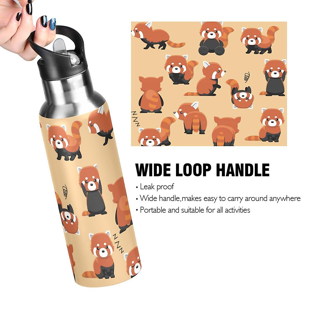 Dussdil Cute Red Panda Water Bottle Kid's Vacuum Insulated Tumblers Stainless Steel Cup BPA Free with Handle Straw Lid for Boys Girls Gifts 20 Oz