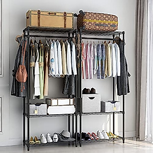 Xiofio 3 Tiers Heavy Duty Garment Rack, Metal Clothing Rack Coat Rack, Clothing Storage Organizer, Clothes Rack with 2 Side Hooks,Hanging Adjustable Garment Rack,29.1" L x 15.7" W x 76.3" H,Black