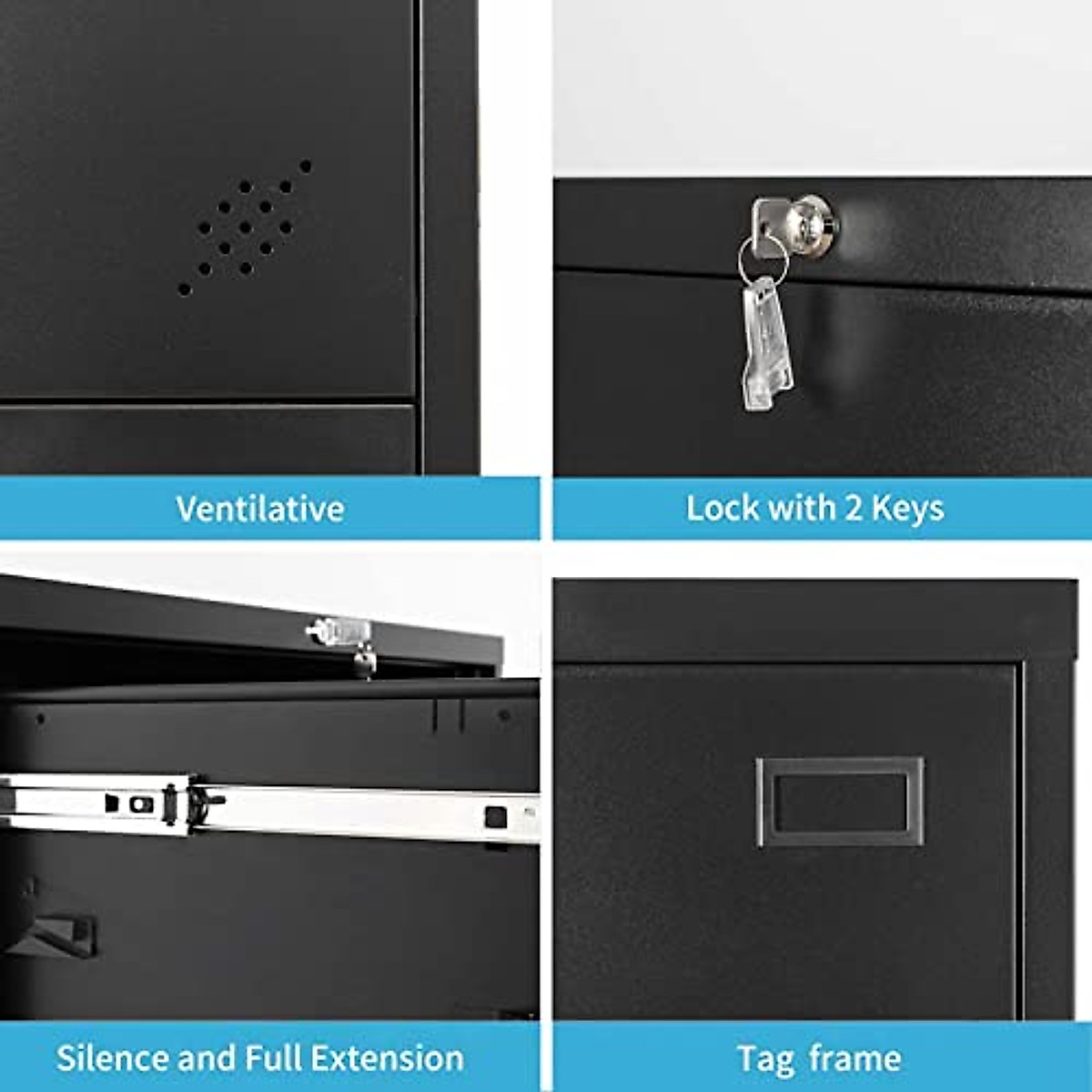 ROOMTEC W25262859 File Storage Cabinets, 2 Drawer, Black