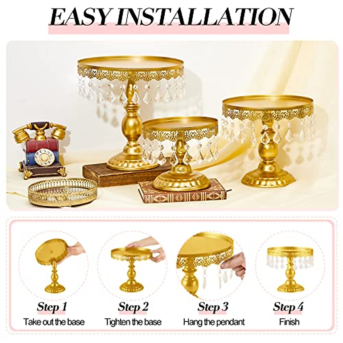 3 Pcs Rose Gold Cake Stand Set Round Cake Stand with Crystal Bling Pendants Dessert Table Display Set for Wedding Event Birthday Party Dessert Table (Gold)