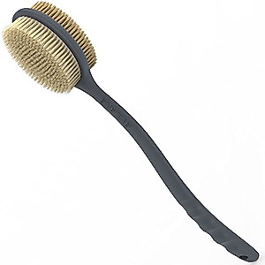 Avilana Shower Body Brush with Long Curved Handle, Long Silicone Handle Back Scrubber With Dual-Sided Long Handle Bath Shower Brush with Soft and Stiff Bristles (Long Handle-Dark Gray)