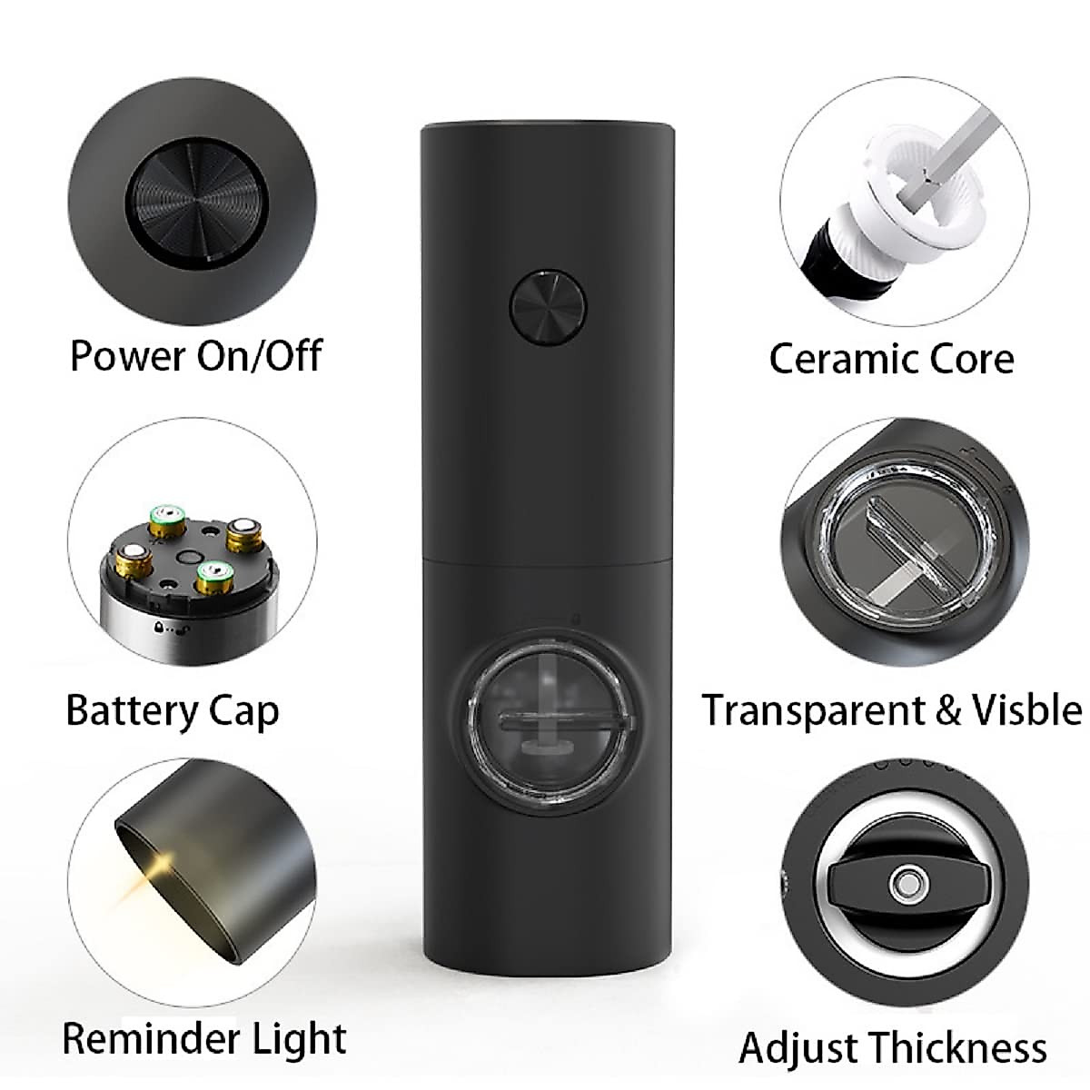 Electric Pepper Grinder or Salt Grinder, Adjustable Coarseness, Battery Powered Electric Pepper Grinder with Lights, one-handed operation, Frosted body ABS quality from IyxicmI