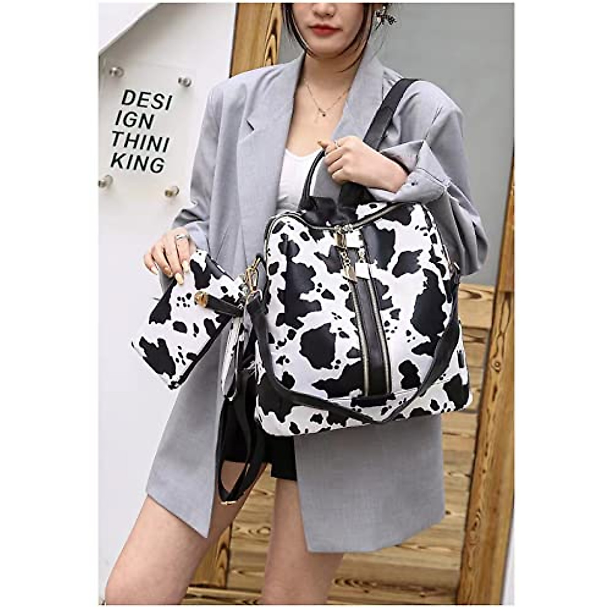 ENYIWH Women Fashion 2 Pack With Backpack Purse Leather Shoulder Bag Travel Bag Handbag Casual Fashion Multipurpose Design Convertible Shoulder Bag Handbag with Wristlet (White Cow)