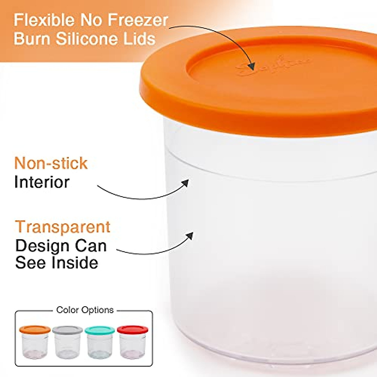 SOPHICO Pint Containers with Silicone Lids Replacement for Pints and Lids, Compatible with NC299AMZ & NC300s Series Ice Cream Maker, Airtight and Leaf-Proof (2 Pack, Orange)