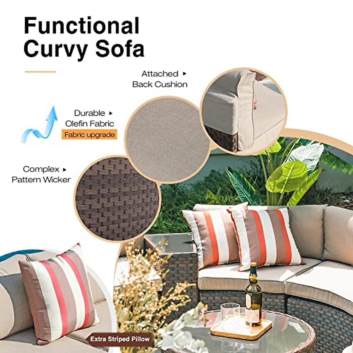 SUNSITT Outdoor 7-Piece Half-Moon Sectional Furniture Set with Round Coffee Table, Patio Curved Sofa Set, Beige Cushion and Brown Wicker, Incl. Waterproof Cover