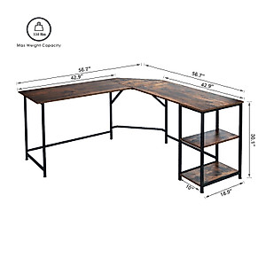Reyade L-Shaped Desk, 57'' Coner Desk, Large Computer Desk, Gaming Desk, Home Office Writing Desk with Storage Shelves, Reversible PC Workstation Laptop Table, Rustic Oak