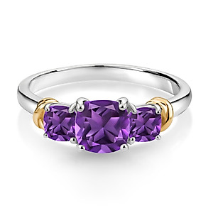 Gem Stone King 925 Sterling Silver and 10K Yellow Gold Purple Amethyst 3 Stone Engagement Ring For Women (1.55 Cttw, Cushion Cut 6MM and 4MM, Available In Size 5, 6, 7, 8, 9)