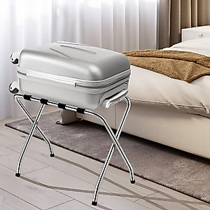 MAT EXPERT Folding Luggage Rack, No Assembly Required, 180lbs Capacity Luggage Holder w/ Nylon Straps & Non-slip Footpads, Chrome Suitcase Stand for Guest Room Home Bedroom Hotel, Set of 4, Silver